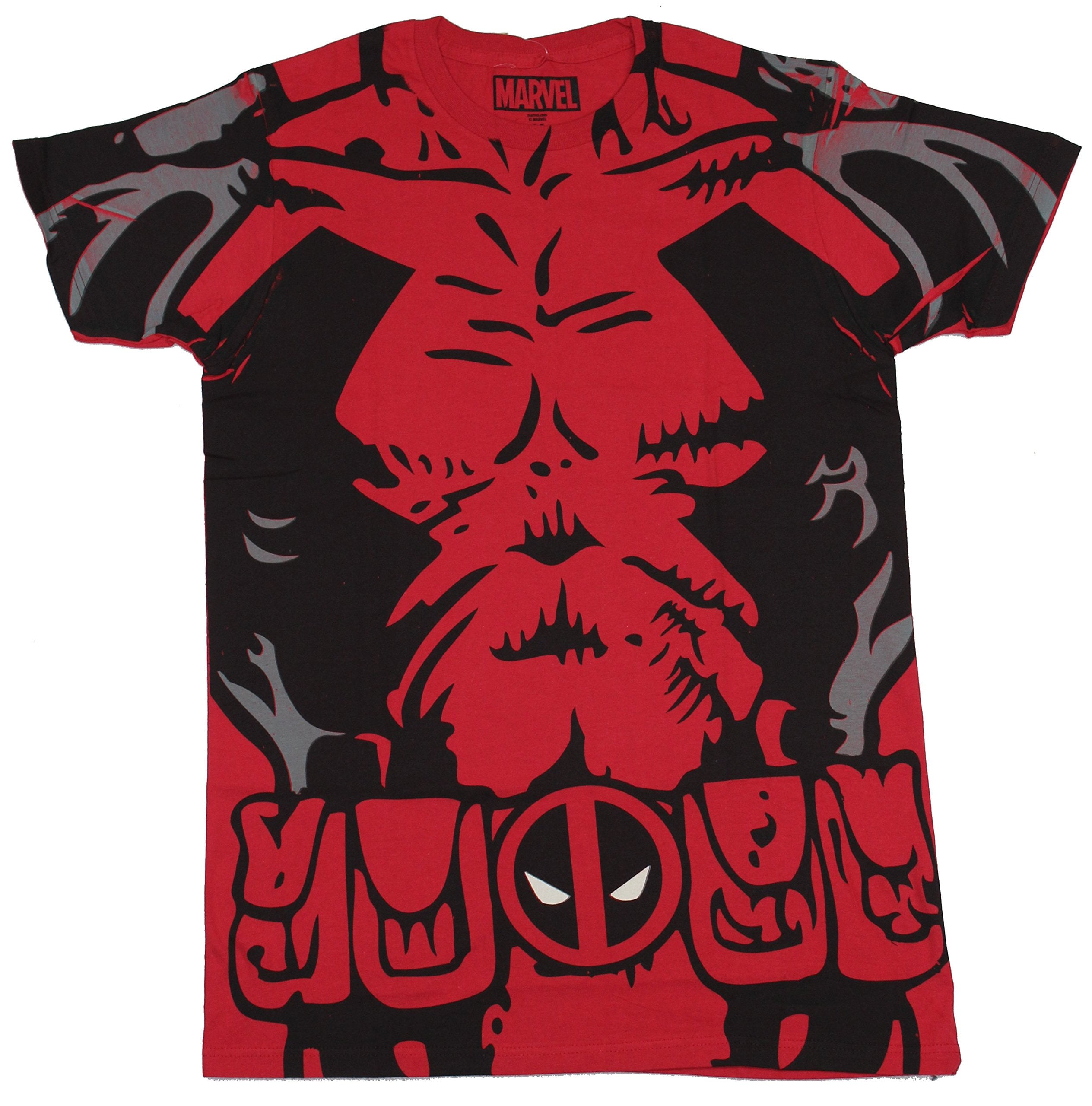 Deadpool (Marvel Comics) Mens T-Shirt - Abbed Up Red costume Front ...
