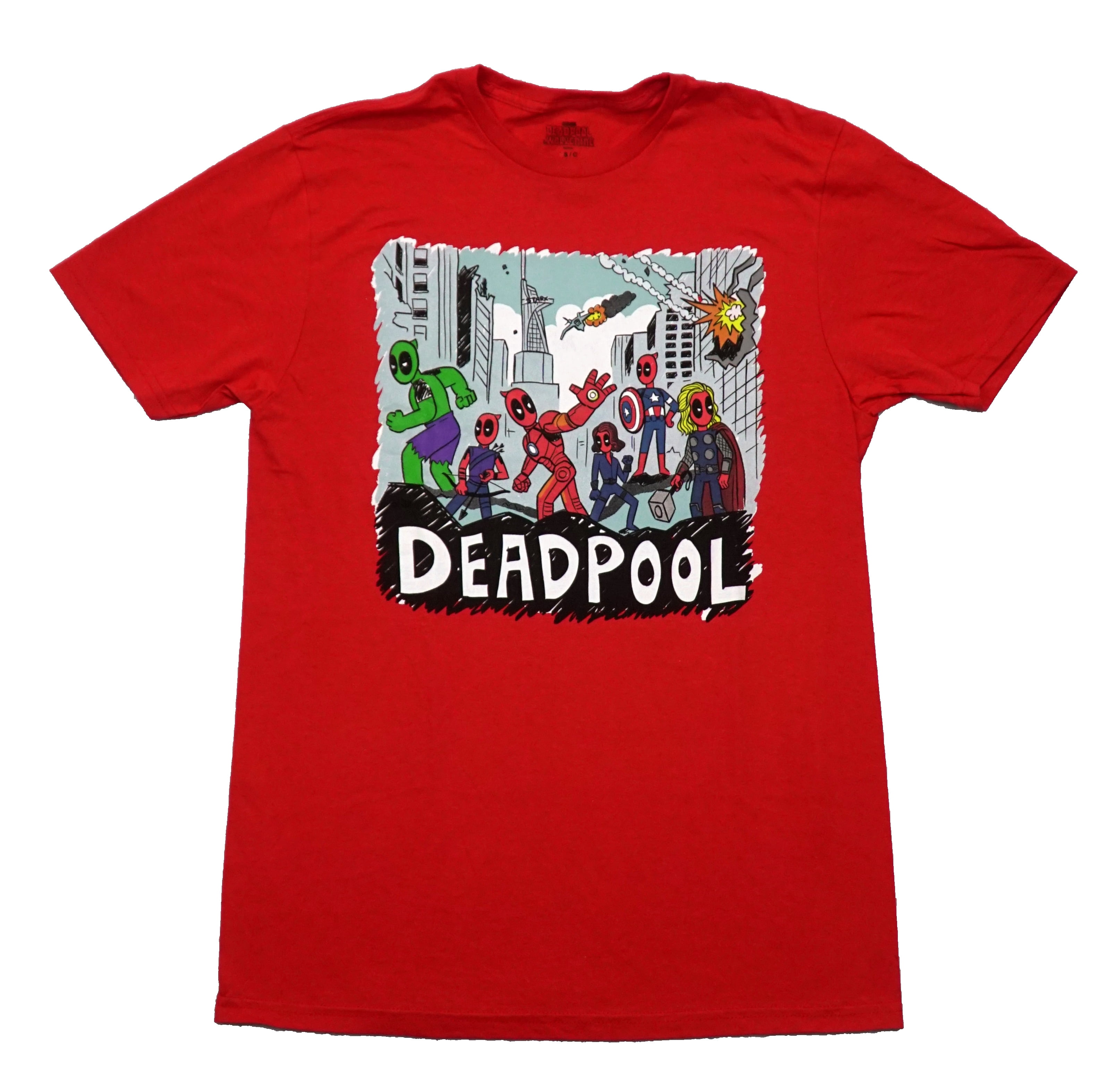 Deadpool Mens T-Shirt - Dressed As Avengers Sketch Above Name (Medium ...