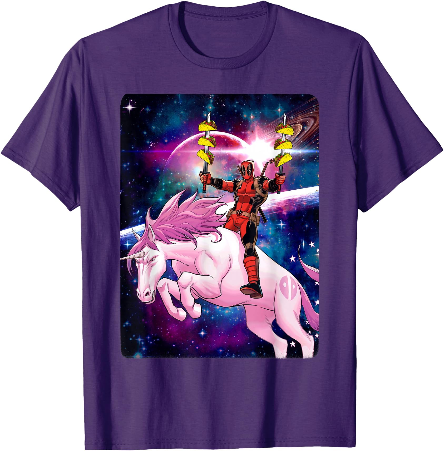 Deadpool Space Unicorn Tacos Graphic DTG Print Unisex T-Shirt,Purple ...