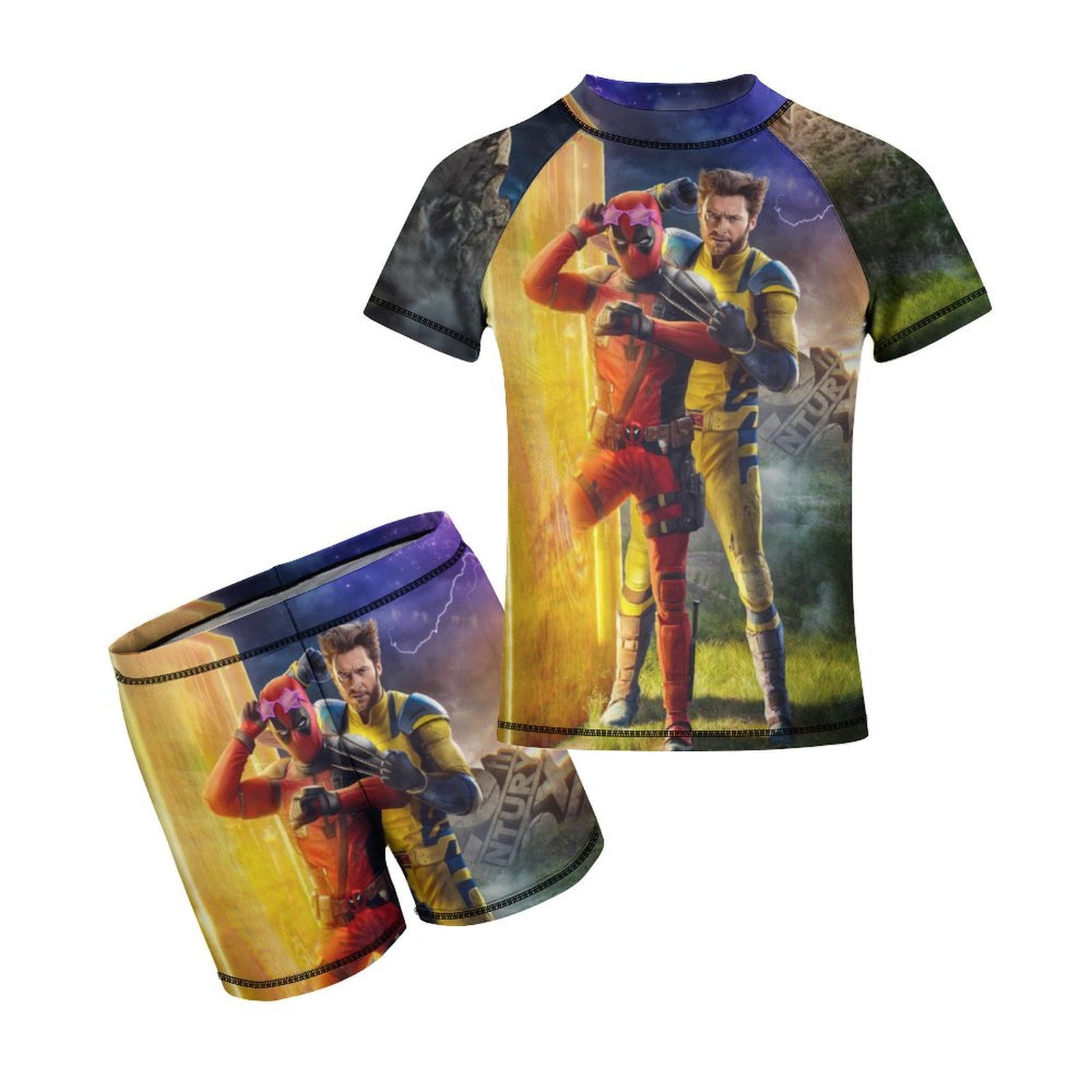 Deadpool & Wolverine Boys 2-Piece Swimsuit Set, Short Sleeve Rash Guard ...