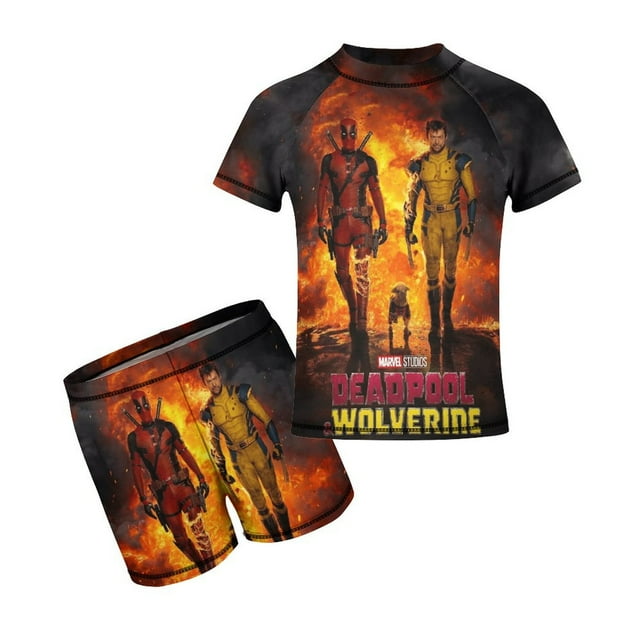 Deadpool & Wolverine Boys 2-Piece Swimsuit Set, Short Sleeve Rash Guard ...