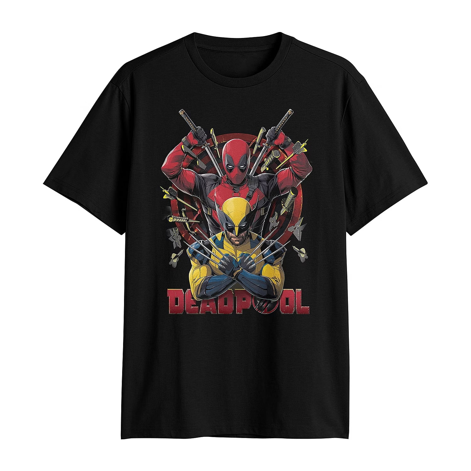 Deadpool & Wolverine Mens T-Shirt - Deadpool Drawing Swords Over Wolvy ...