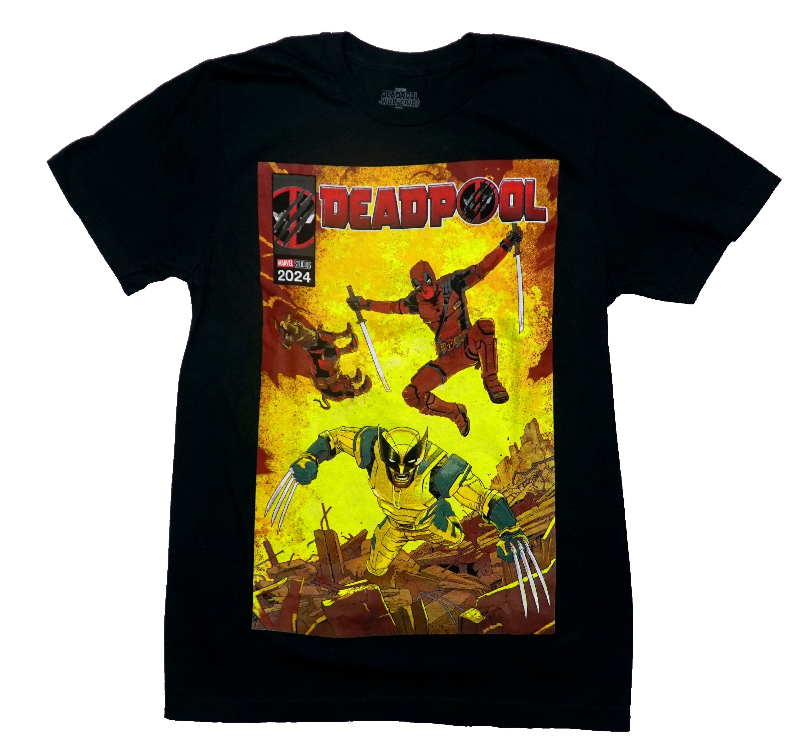 Deadpool & Wolvwerine Mens T-Shirt - Leaping In Fiery Rubble 2024 ...