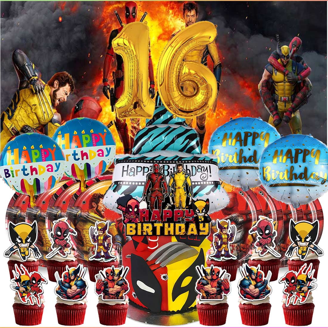 Deadpool and Wolverine 16th Tableware Balloons Cake Toppers Backdrop ...