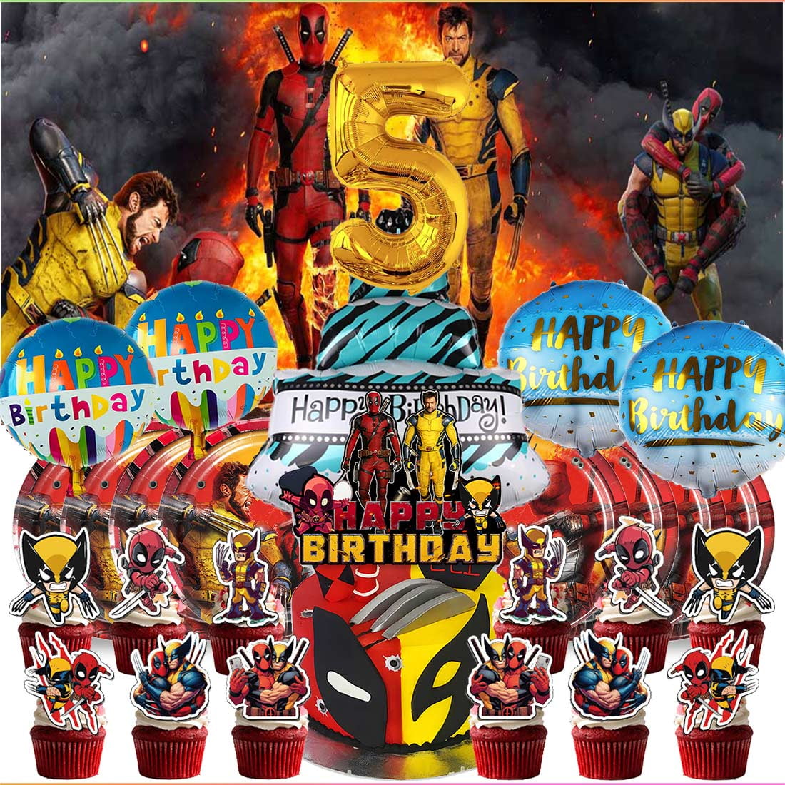 Deadpool and Wolverine 5th Tableware Balloons Cake Toppers Backdrop ...