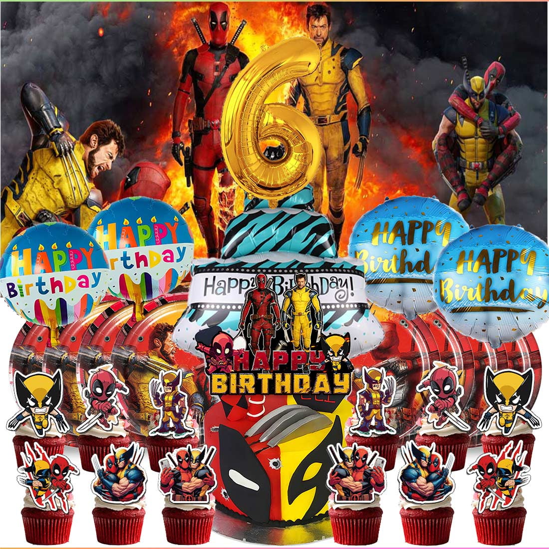 Deadpool and Wolverine 6th Tableware Balloons Cake Toppers Backdrop ...