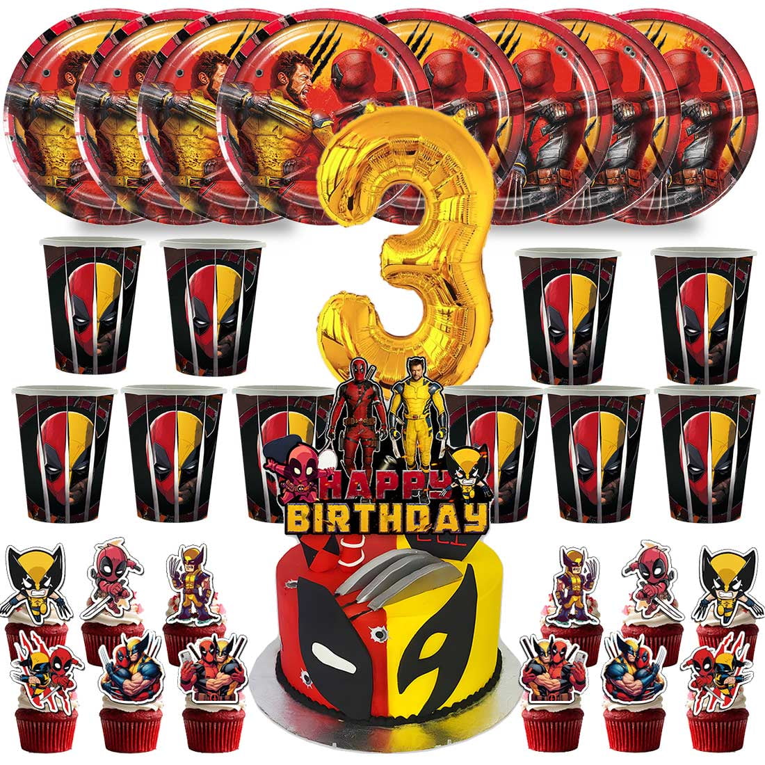 Deadpool and Wolverine Birthday 3rd Cups Party Supplies Plates Fans ...