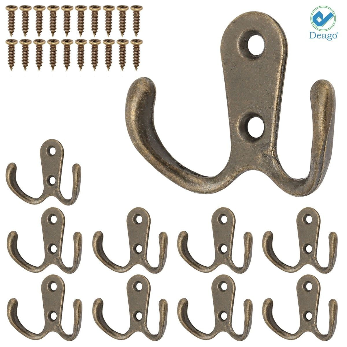 Deago 10 Pack Double Prong Coat Hooks Wall Mounted with 20 Screws Retro ...