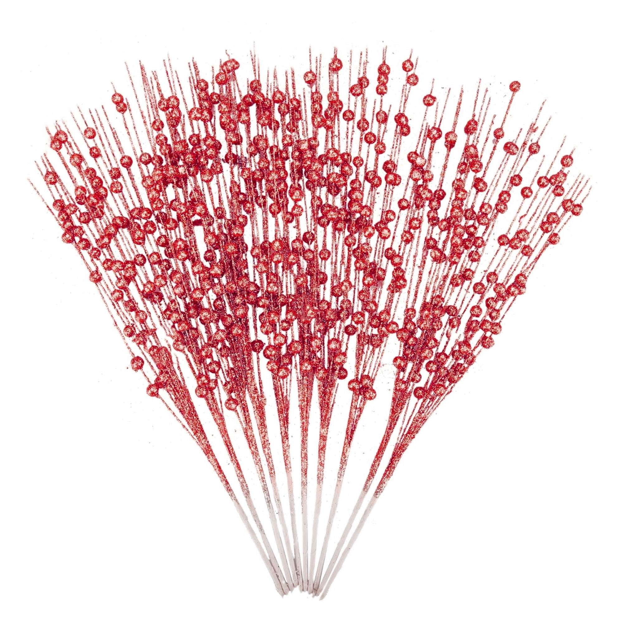 Deago 10 Pack Red Artificial Glitter Berry Stem Ornaments 15.7 Inches ...