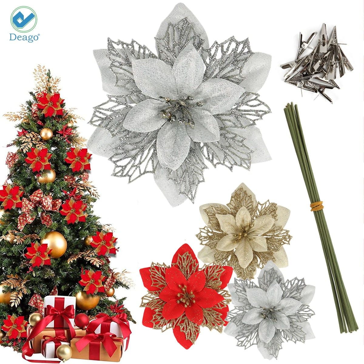 Deago 12 Pcs 6.3in Christmas Glitter Artificial Poinsettia Flowers ...