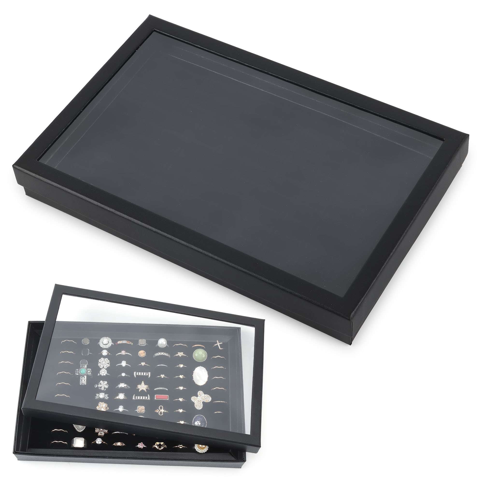 Deago 2 Pack Jewelry Ring Display Tray Case with Lid, 100 Slots Velvet ...