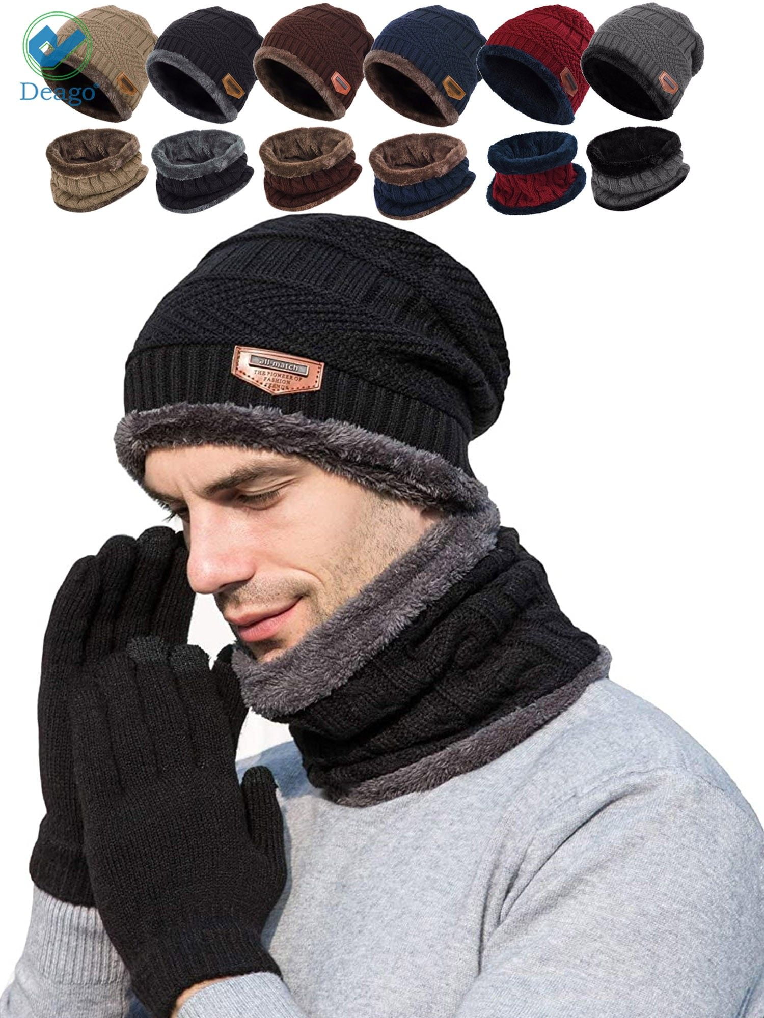 Deago 2-Pieces Winter Beanie Hat Scarf Set Warm Fleece Lined Knit Hat ...