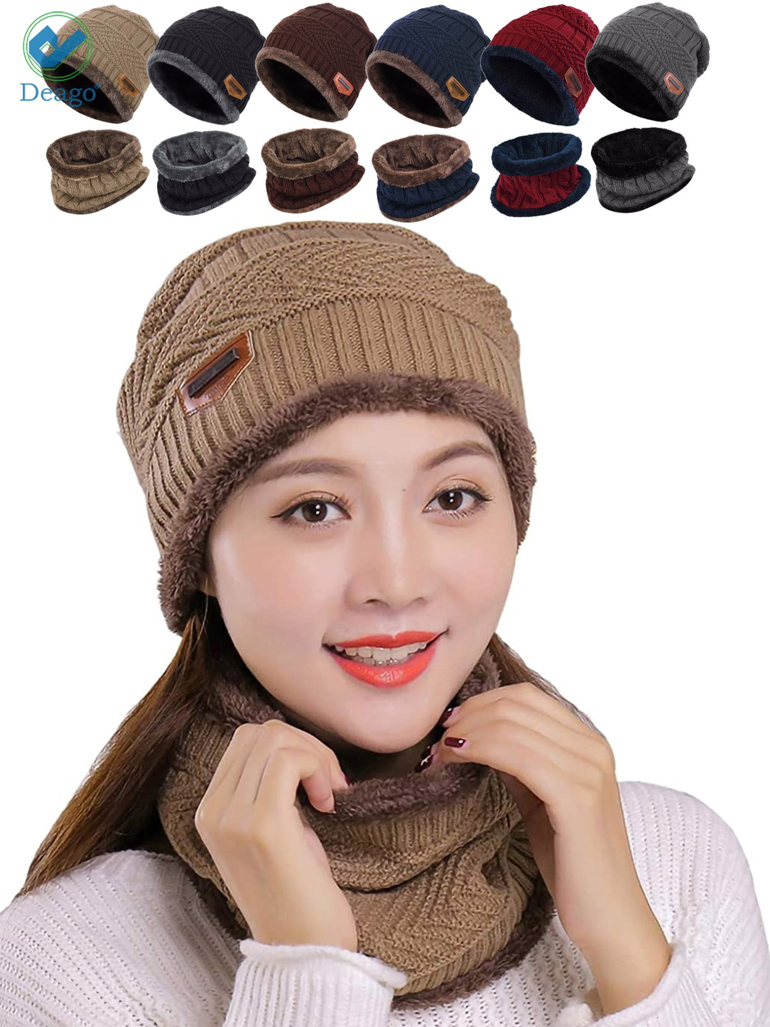 Deago 2-Pieces Winter Beanie Hat Scarf Set Warm Fleece Lined Knit Hat ...