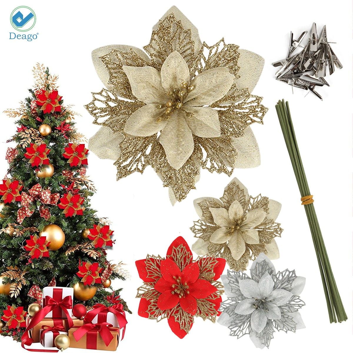 Deago 24 Pcs 6.3in Christmas Glitter Artificial Poinsettia Flowers ...
