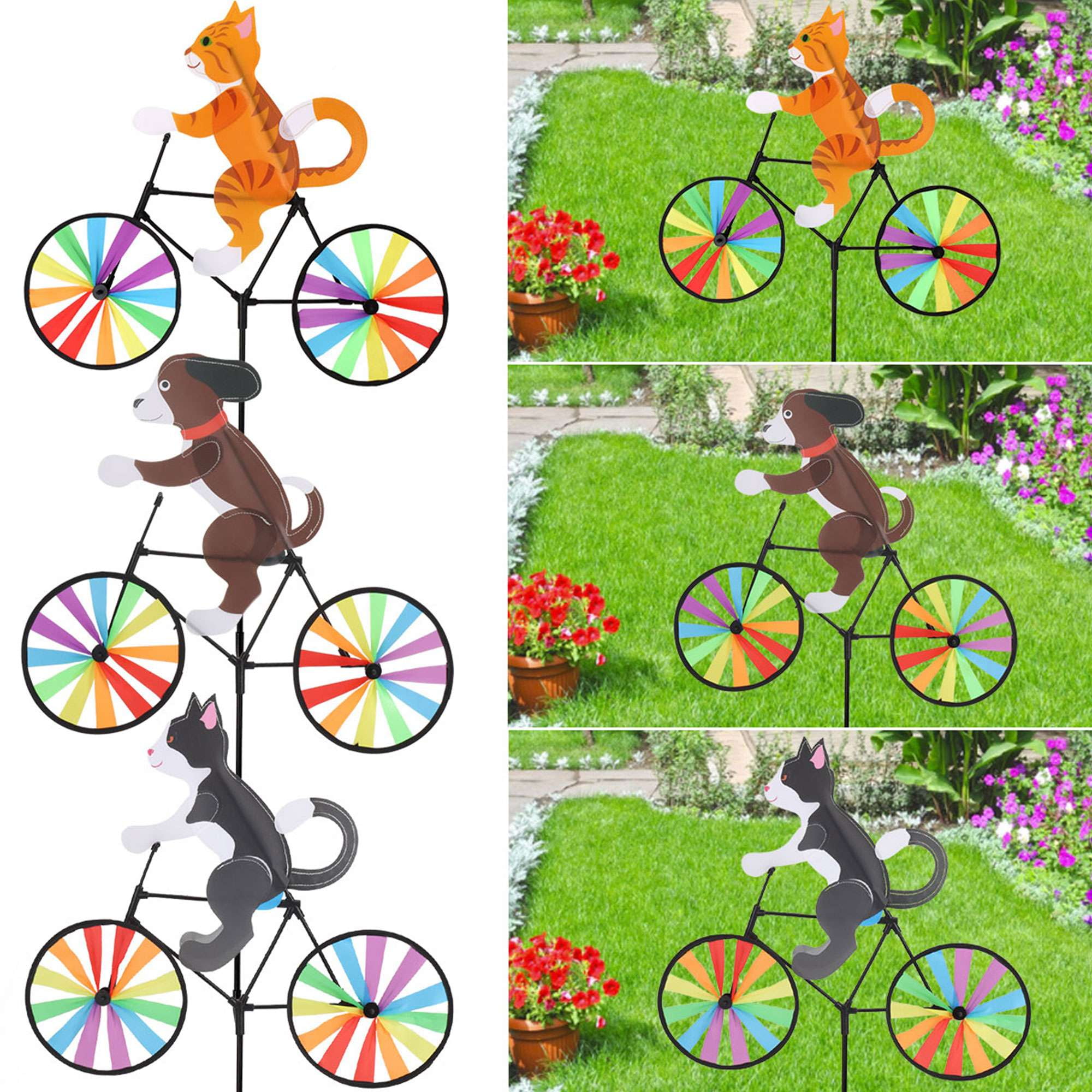 Deago 3 Pack Animal Garden Pinwheels Cat Dog On Bike Bicycle Windmill ...
