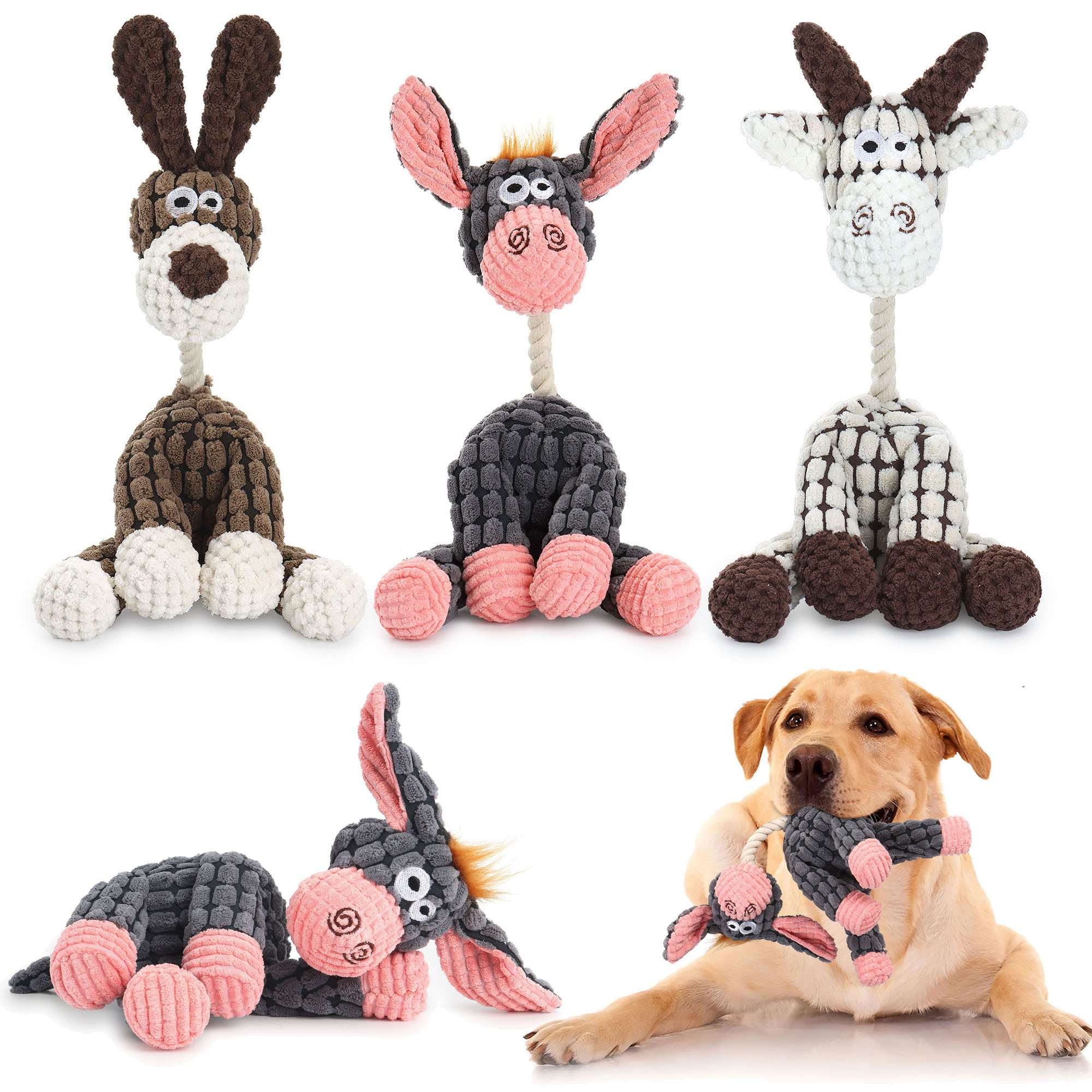 Deago 3 Pack Pet Squeaky Plush Dog Toys with Donkey Shape Durable Dog ...