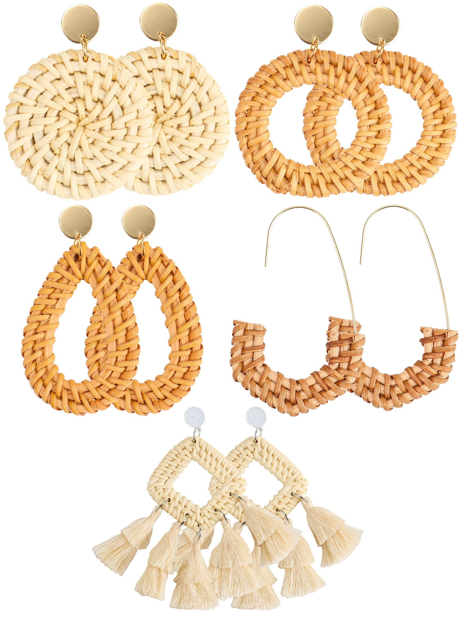 Deago Rattan Earrings Lightweight Geometric Tassel Woven Bohemian Earrings Handmade Straw Wicker ...