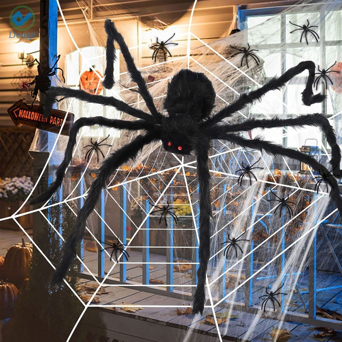 Deago 59" Halloween Spider Web + 50" Giant Spider Decorations Fake ...