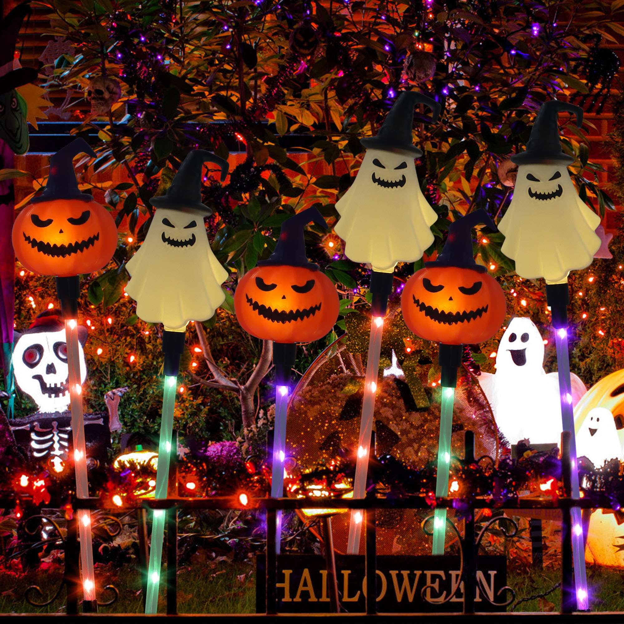 Deago 6 Pack Solar Halloween Pumpkin Ghost Garden Stake Lights Outdoor ...