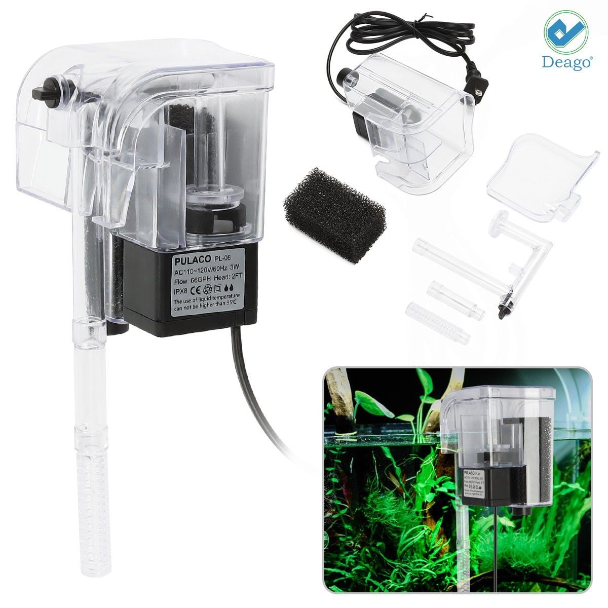 Deago Aquarium Fish Tank Mini Waterfall Hang On External Oxygen Pump ...