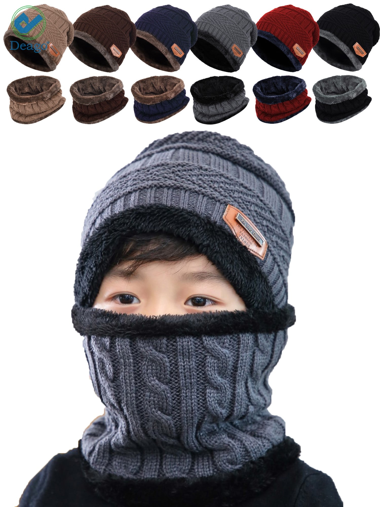 Deago Kids Winter Hat and Scarf Set Warm Knit Beanie Cap and Circle ...
