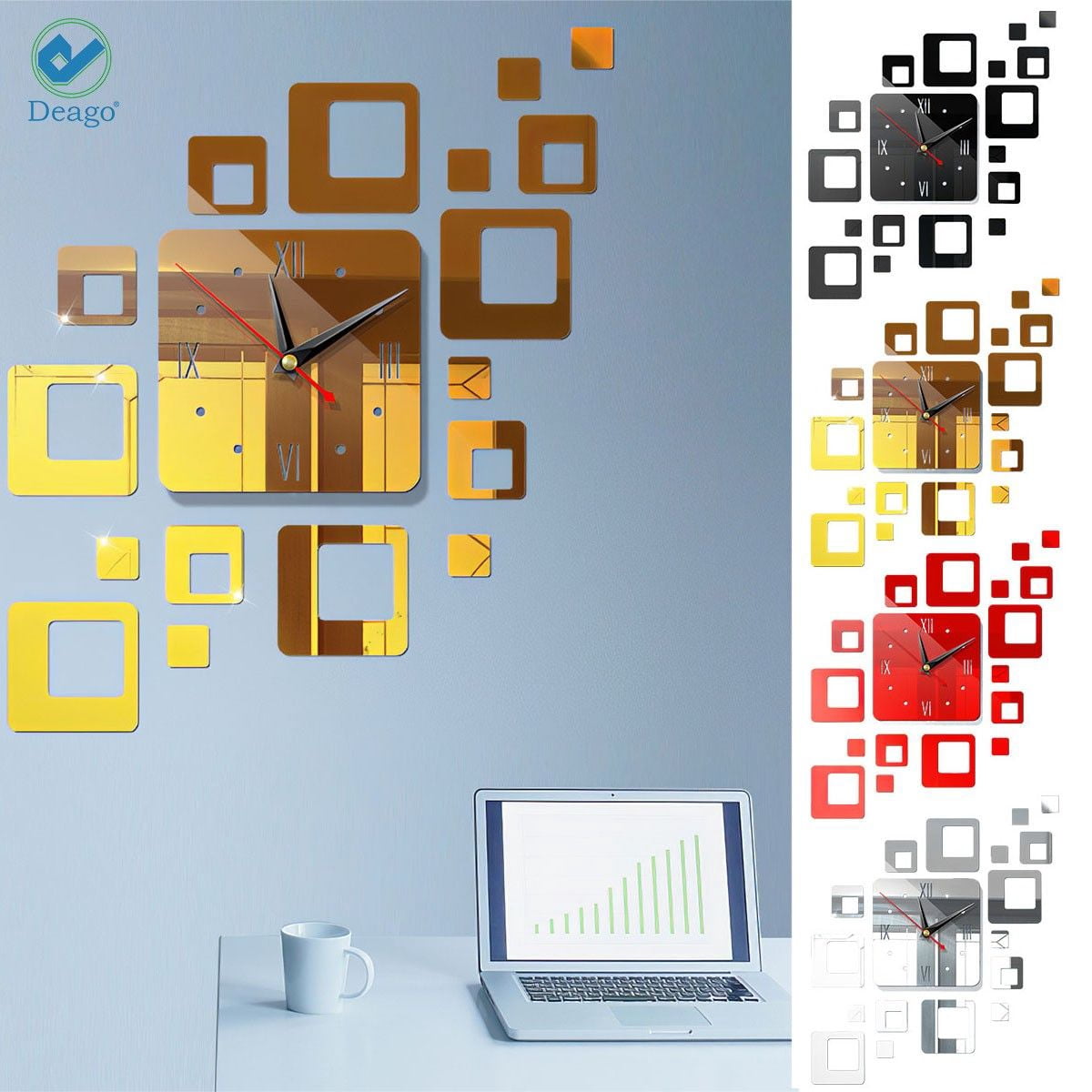 Deago Modern DIY 3D Large Wall Clock Mirror Surface Sticker Art Design ...