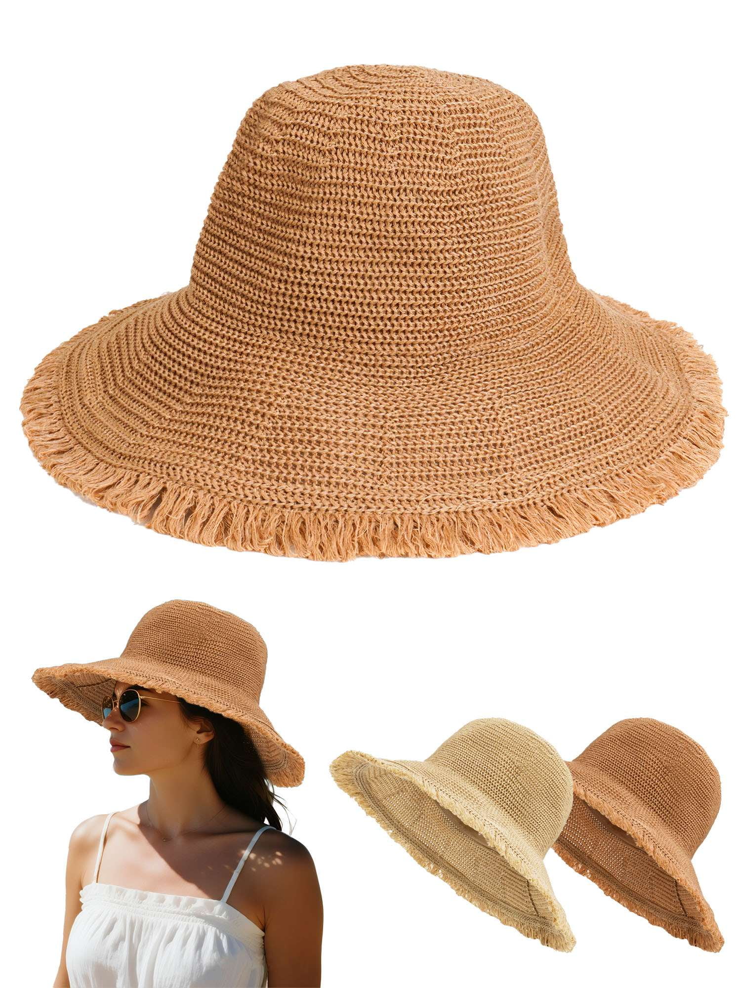Deago Summer Straw Beach Sun Hats for Women UV Protection Wide Brim ...