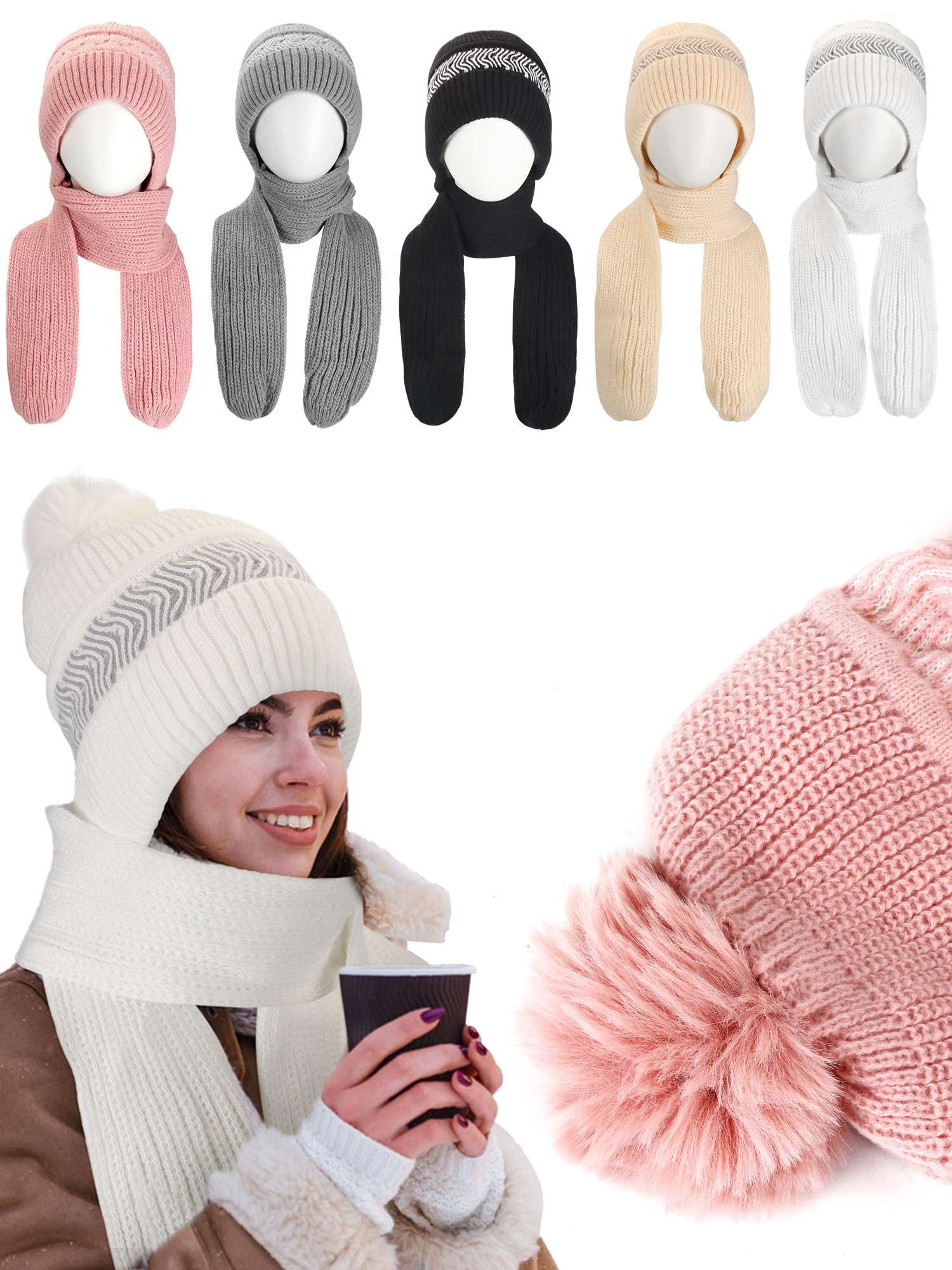 Deago Winter Beanie Hat Scarf Set for Women Knitted Fleece Lined Warm ...