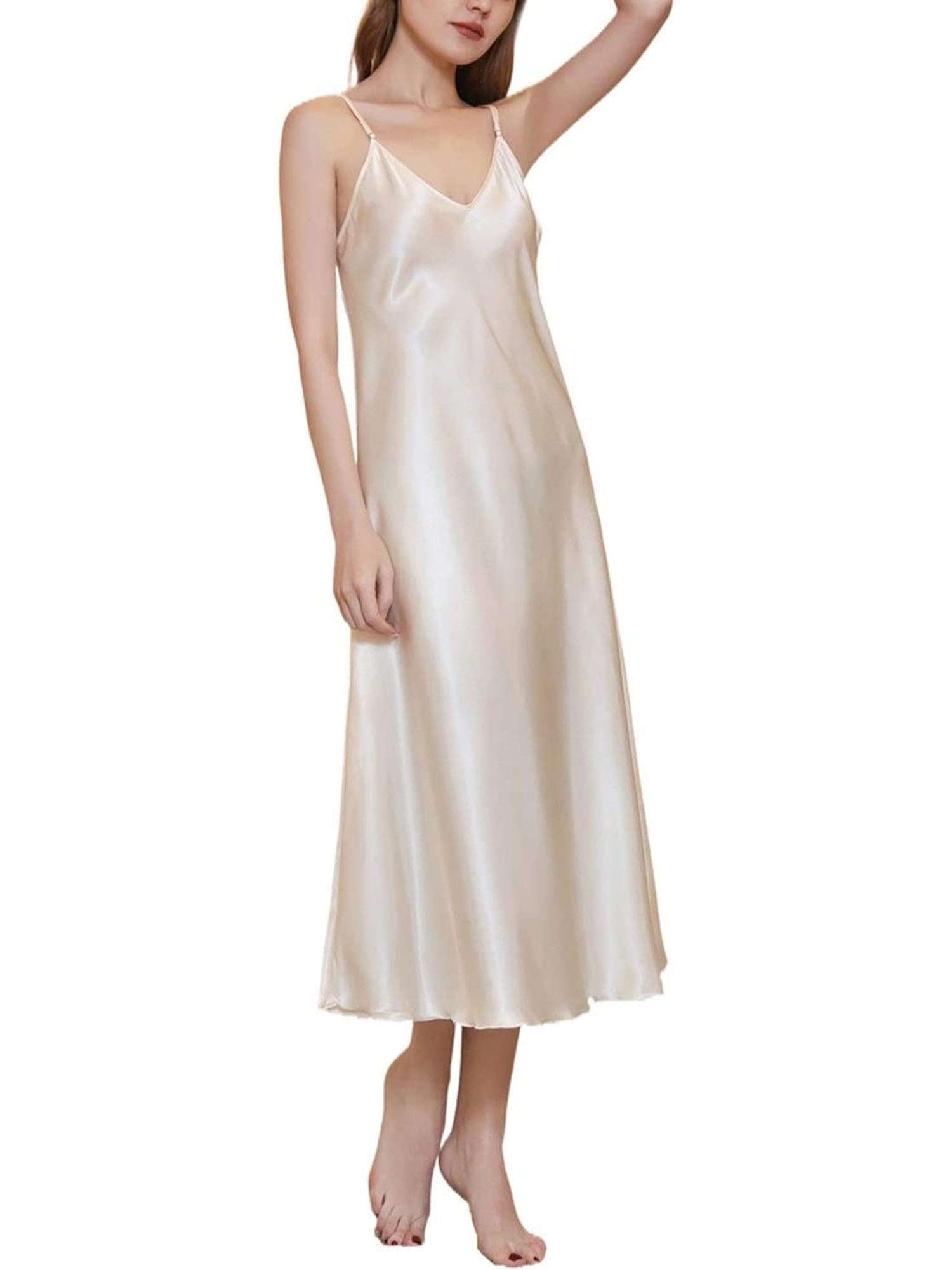 Deago Women's Satin Nightgown Sleeveless Long Slip Sleep Dress Silk V ...