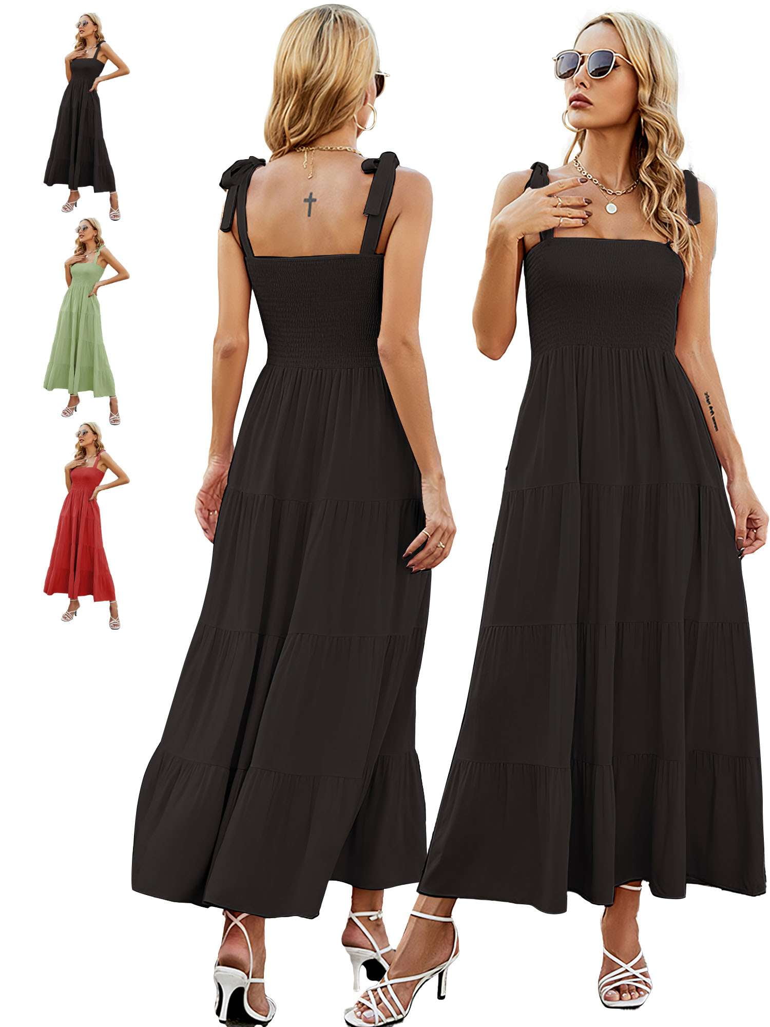 Deago Women's Summer Boho Spaghetti Strap Square Neck Ruffle Casual Flowy Long Beach Sun Dress ...