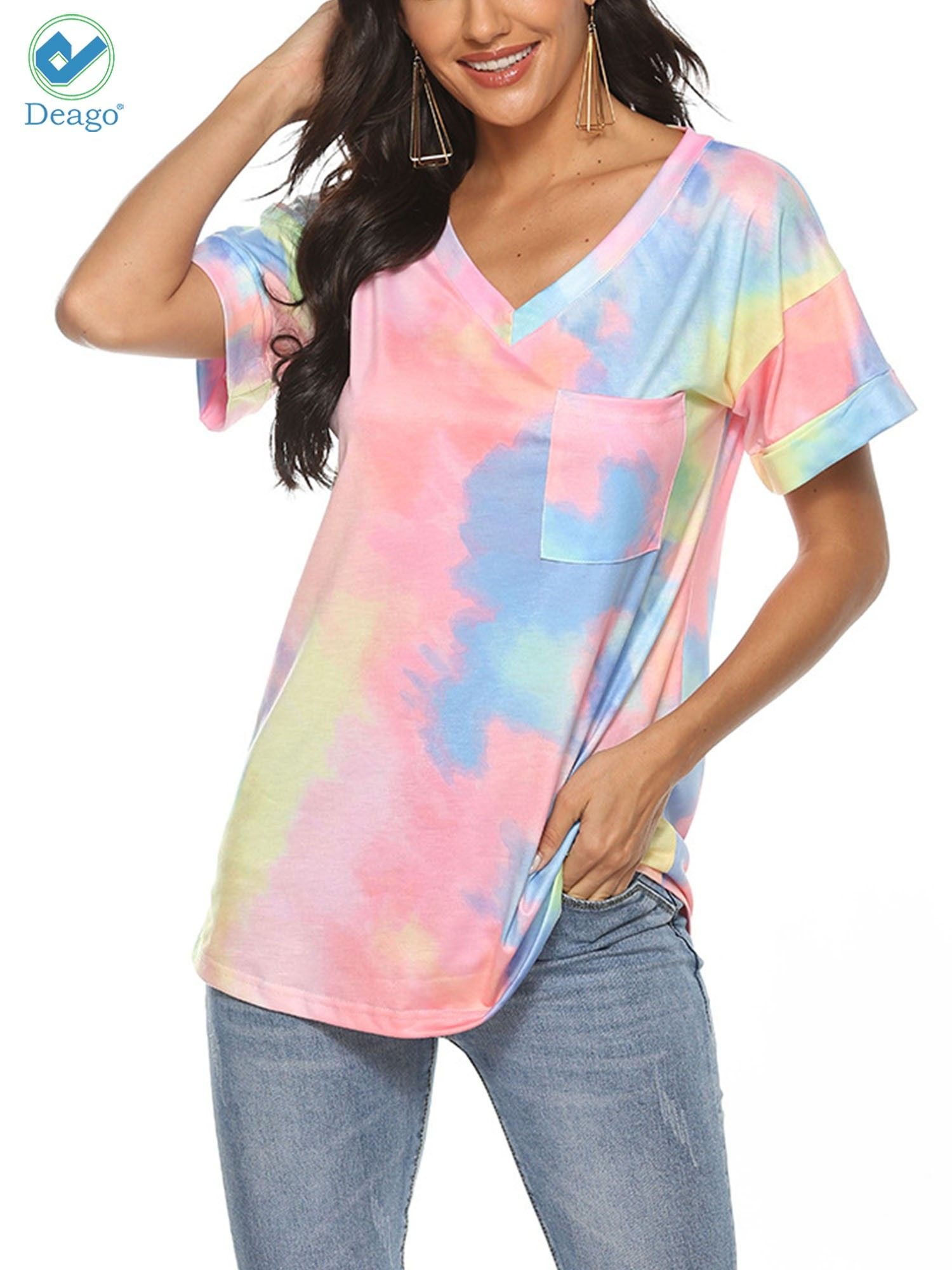 Deago Womens Tie Dye V Neck Short Sleeve T-Shirts Loose Fit Comfy Tees ...