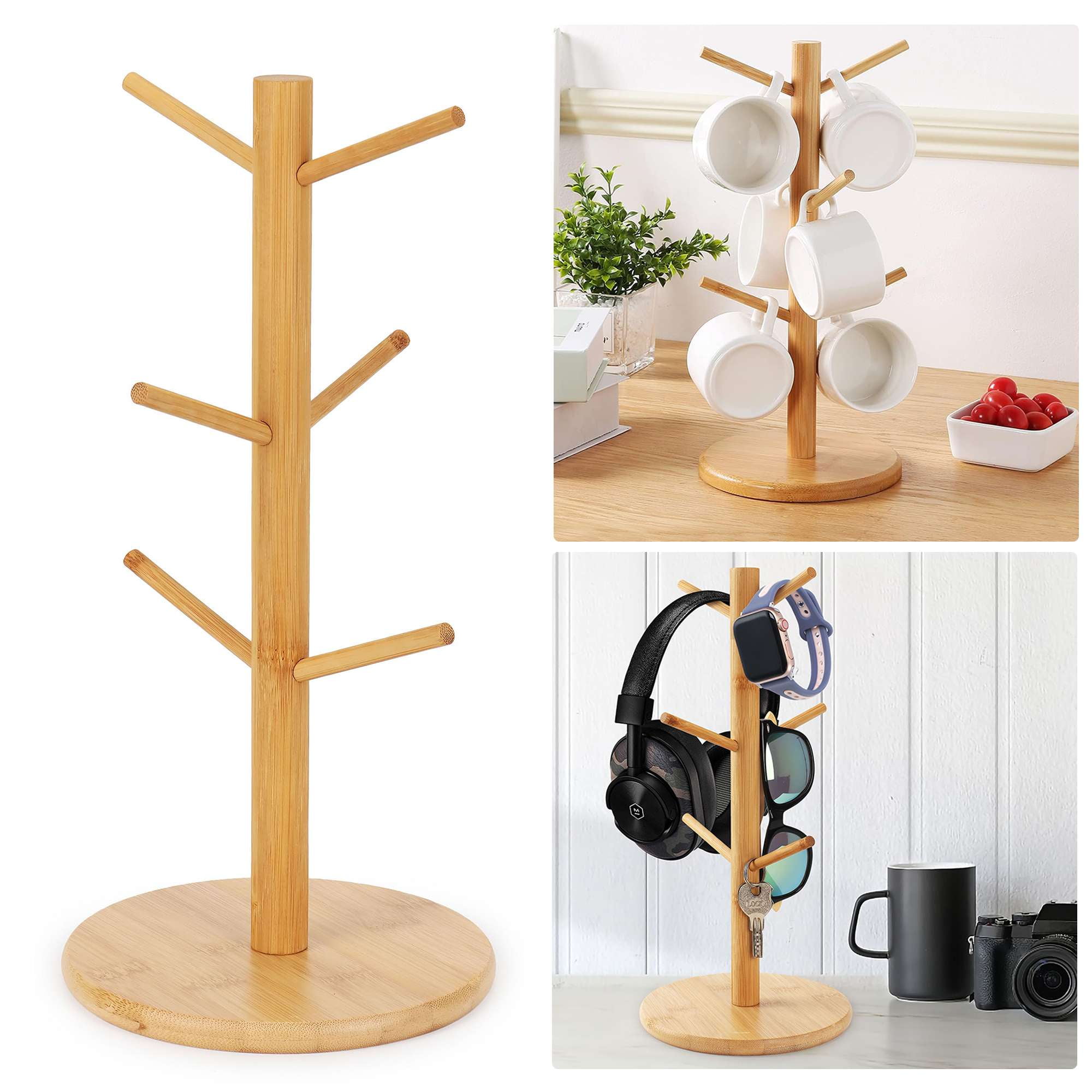 Deago Wood Coffee Mug Tree Holder Stand with 6 Hooks, Mugs Storage ...