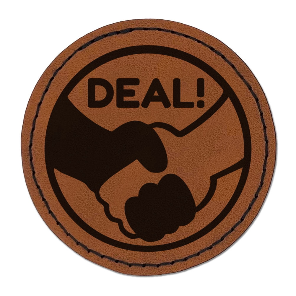 Deal Shaking Hands Agreement Circle Round Iron-On Engraved Faux Leather ...