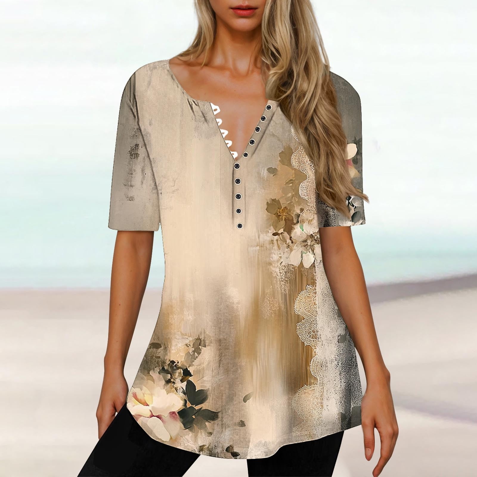 YOTAMI Women's T-Shirts Short Sleeve Summer Floral Print Buttoned V ...