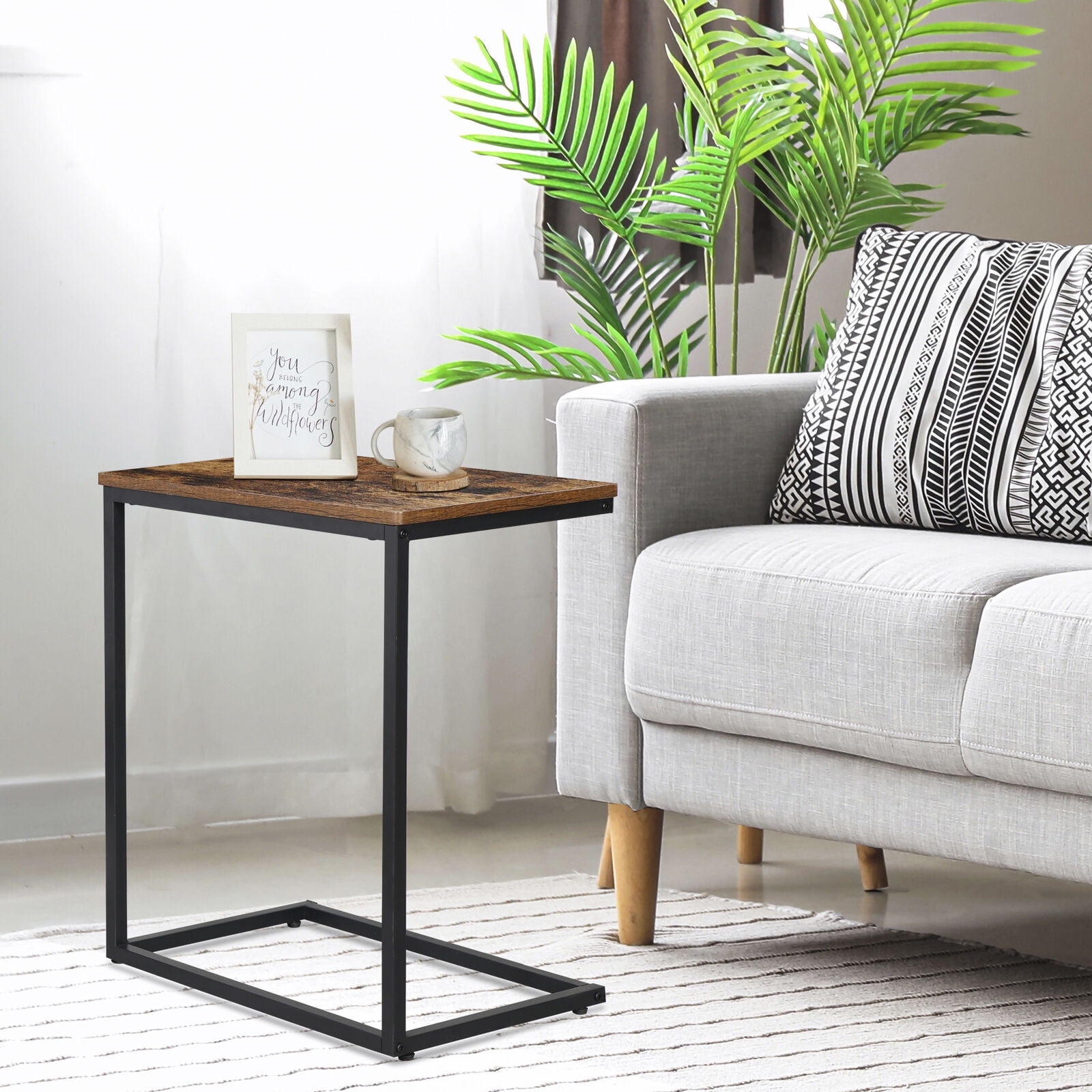 DealNest C Shaped End Table, Wide Industrial Side Table Couch Desk for ...