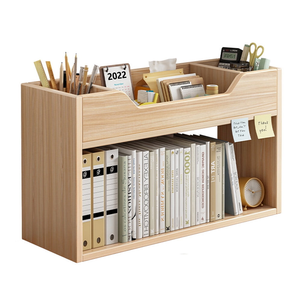 DealNest Desktop Wooden Bookshelf Double Layer Files Books Storage Rack ...