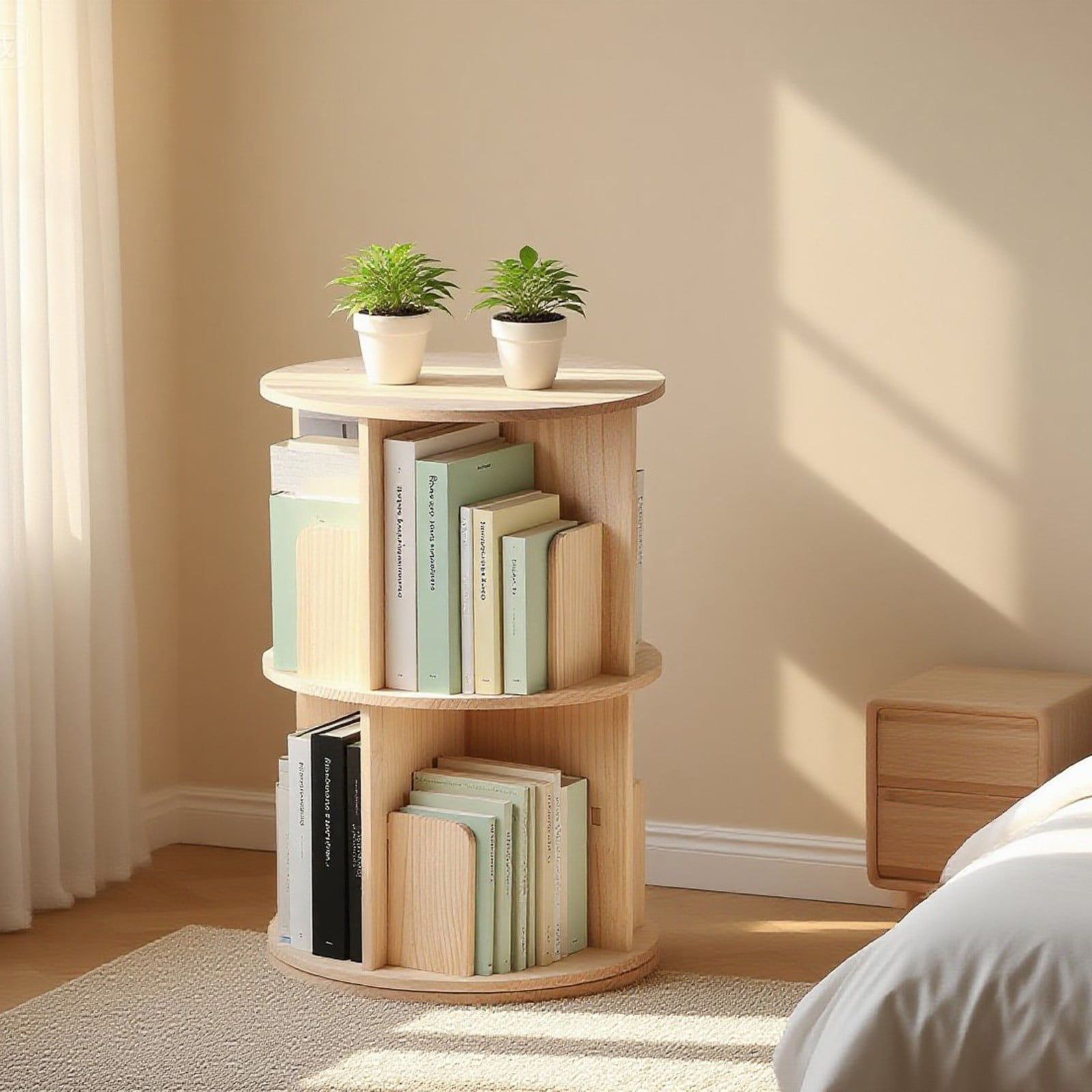 DealNest Display Rotating Wooden Bookshelf, 2-Tier Floor-Standing ...