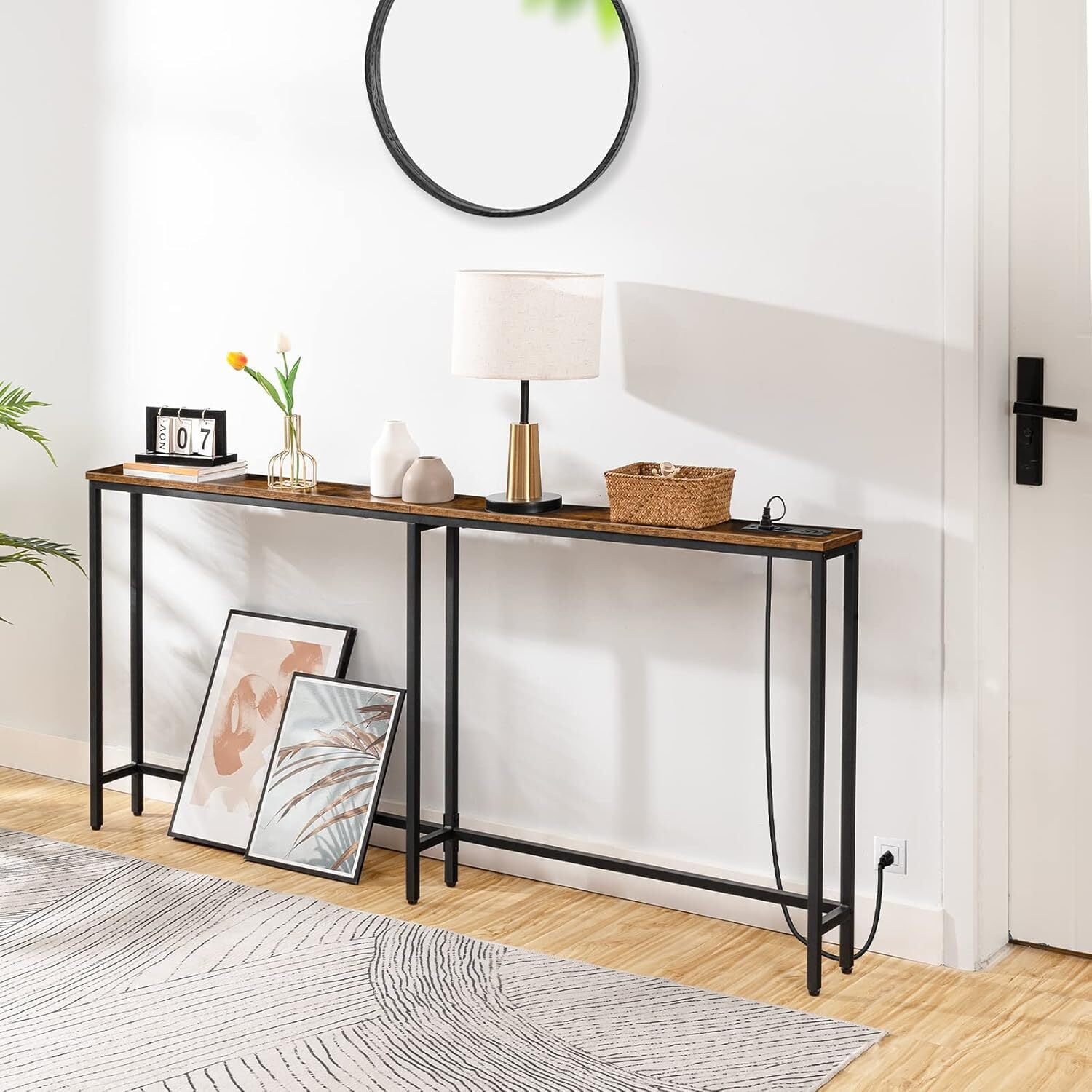 DealNest Narrow Console Table with Charging Station, Sofa Table with 2 ...
