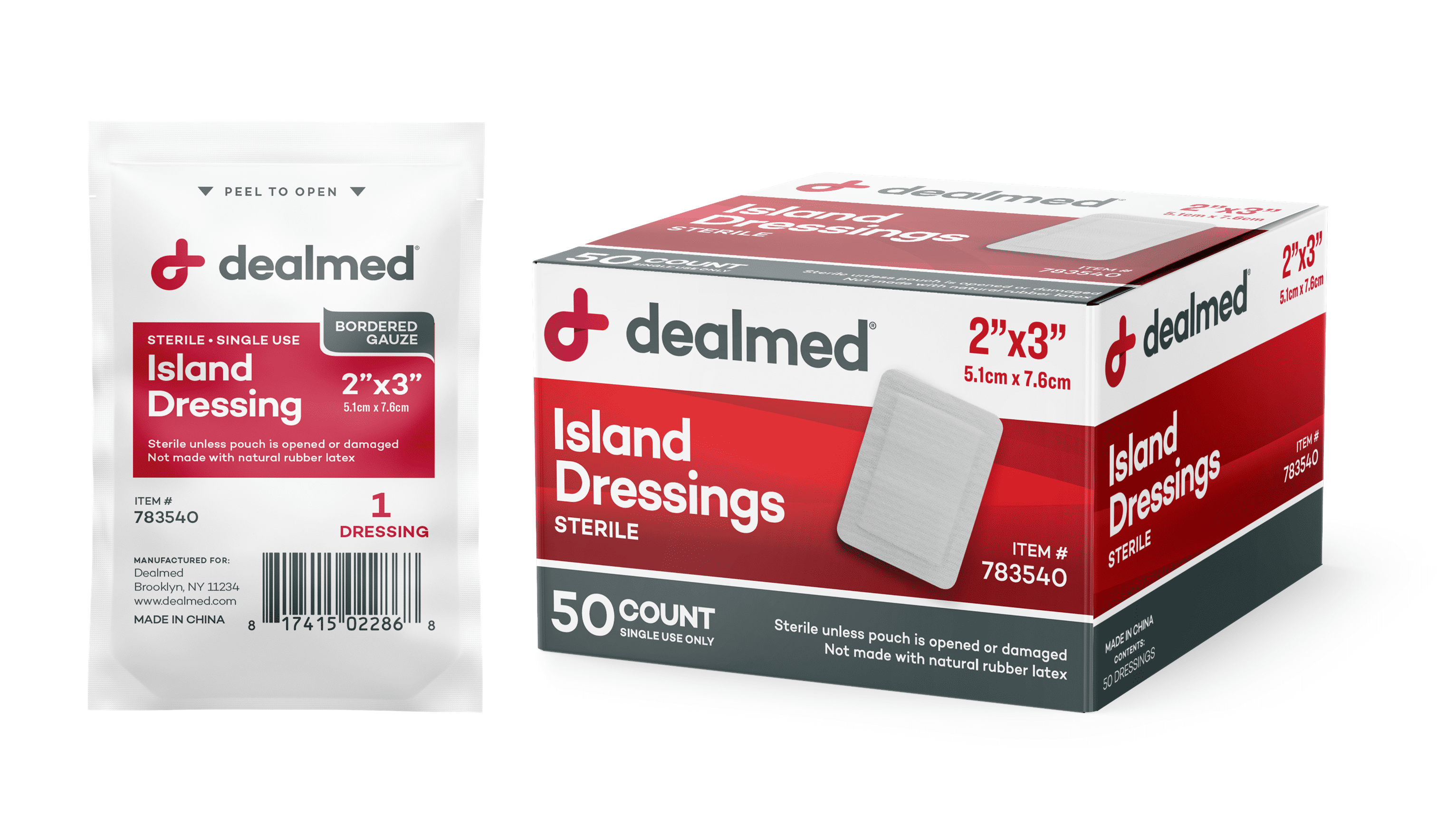 "Dealmed Sterile Bordered Gauze Island Dressing, 2"" x 3"", Adhesive ...