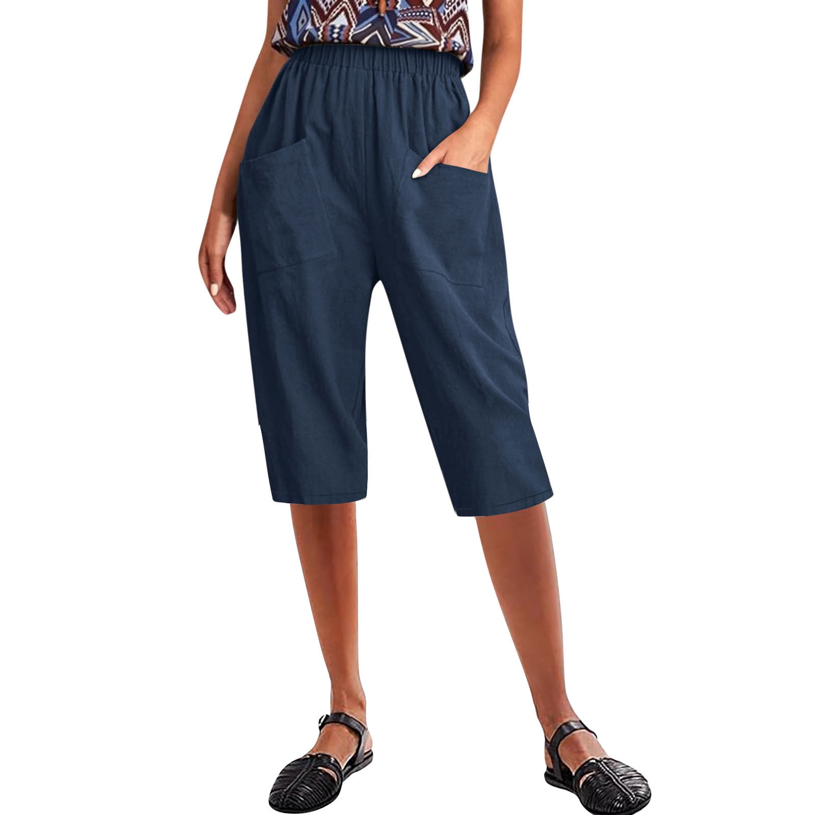 Dealovy Capri Pants for Women High Waisted Cotton Linen Capris Straight ...