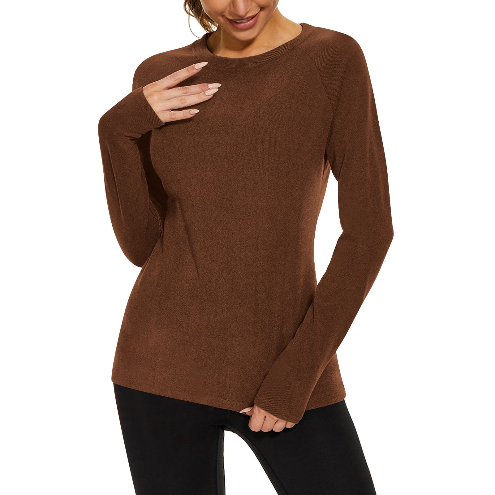 Dealovy Crew Neck Base Layer Shirts for Women Warm Comfy Solid Color ...