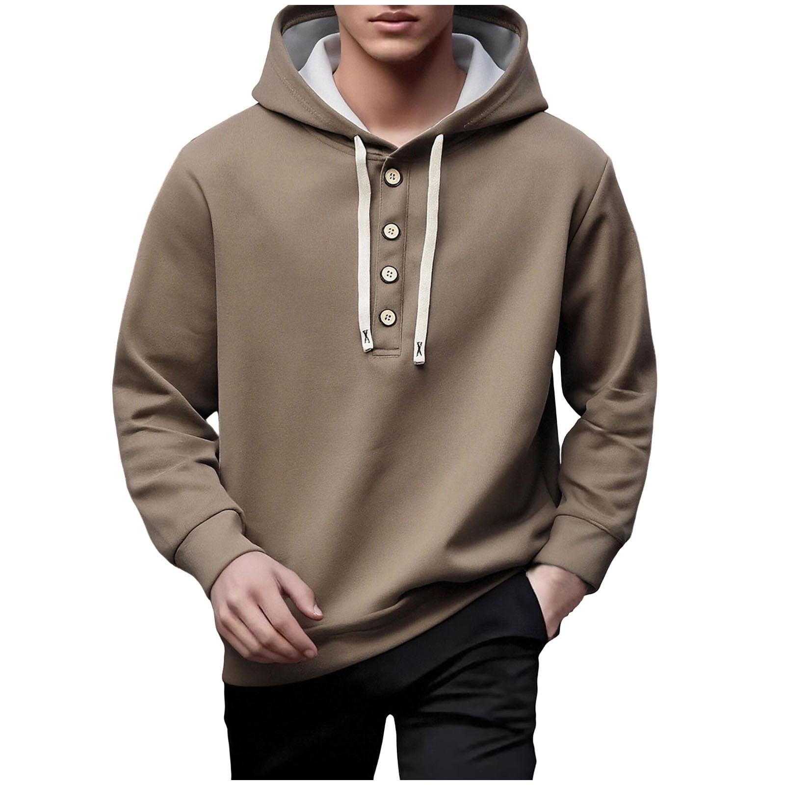 Dealovy Mens Hoodies Long Sleeve Quarter Button Hooded Neck Drawstring ...