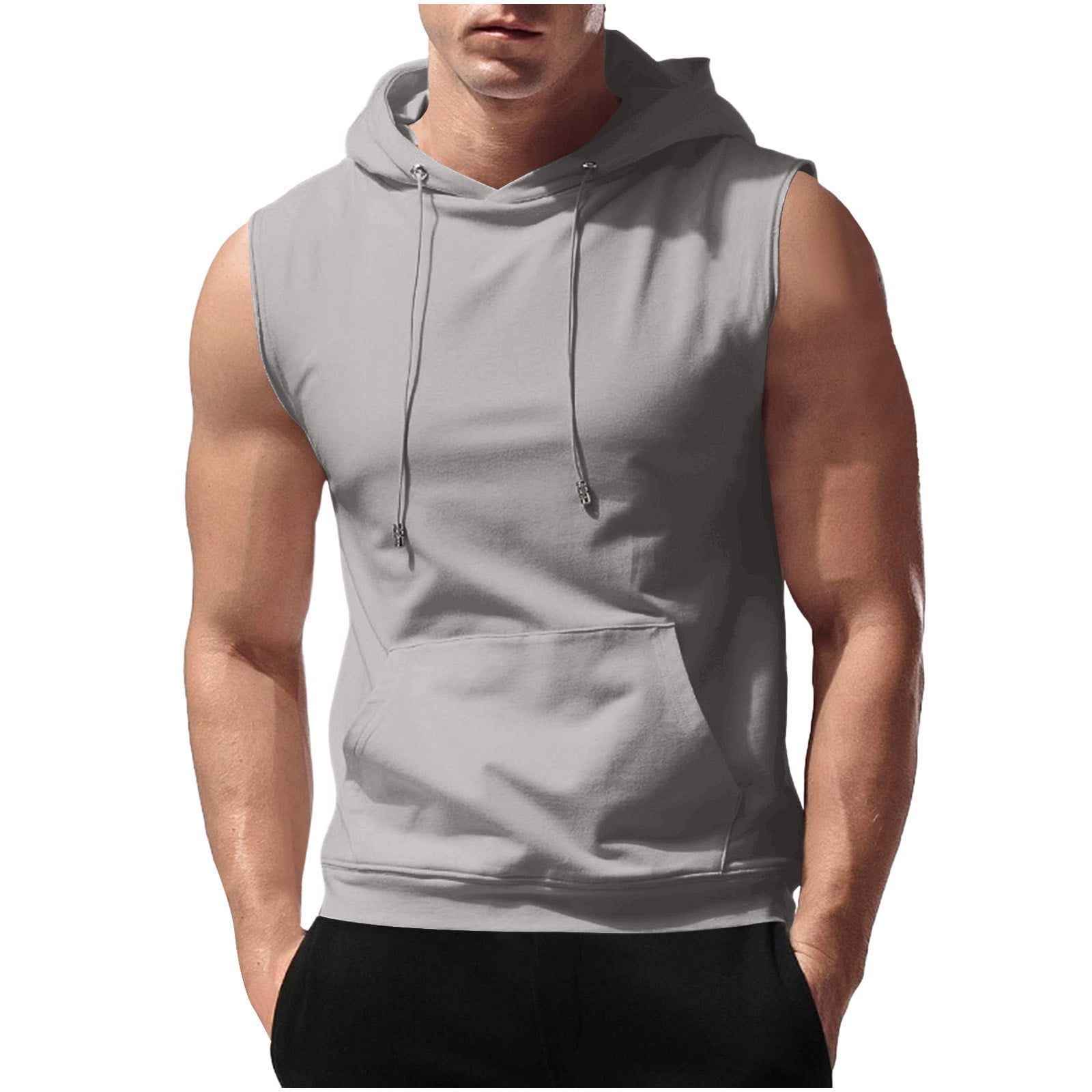Dealovy Mens Workout Hooded Tank Tops Sleeveless Gym Training Hoodies Solid Color Drawstring ...