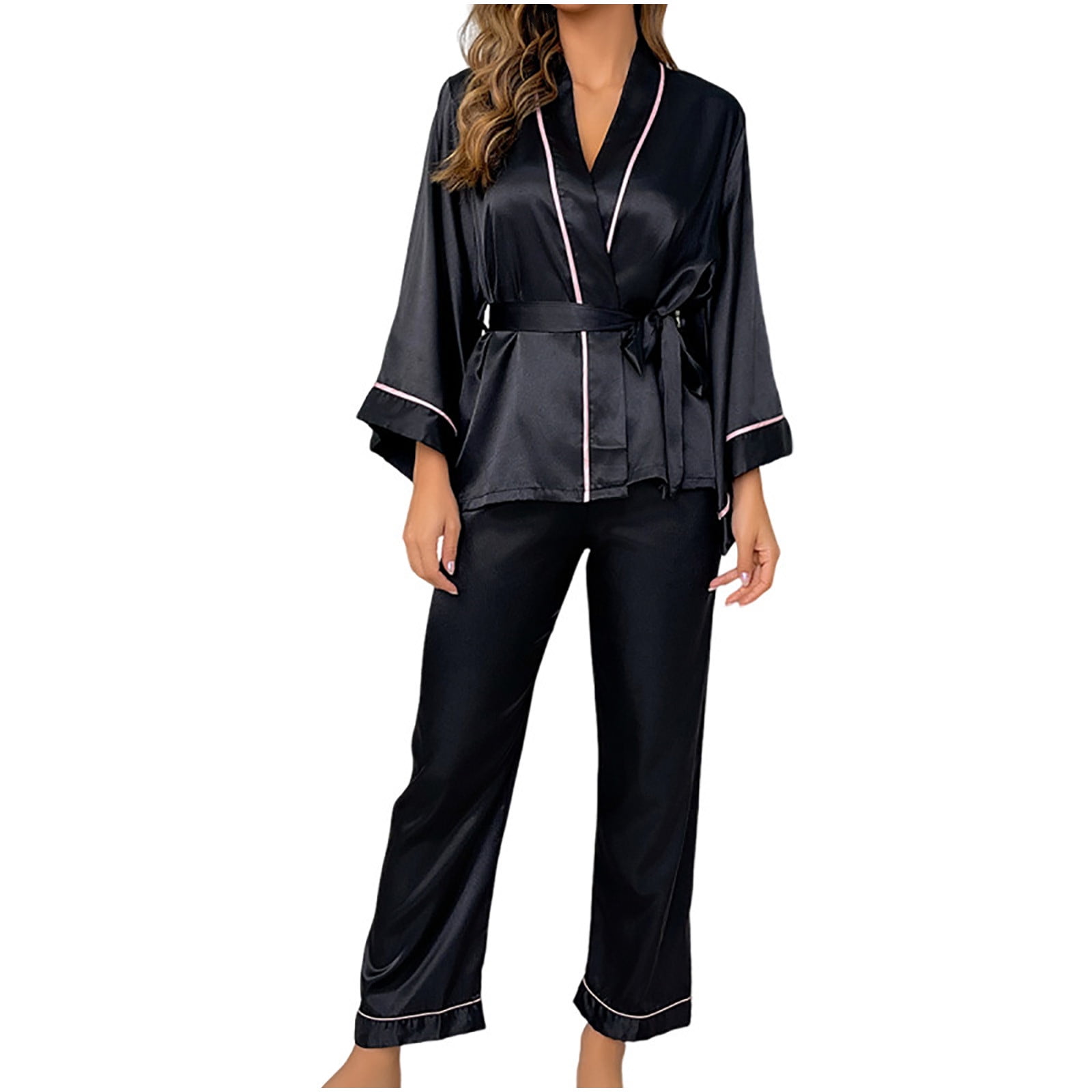 Dealovy Pajama Set for Women Satin Robe Sets Long Sleeve Shirt Pants ...