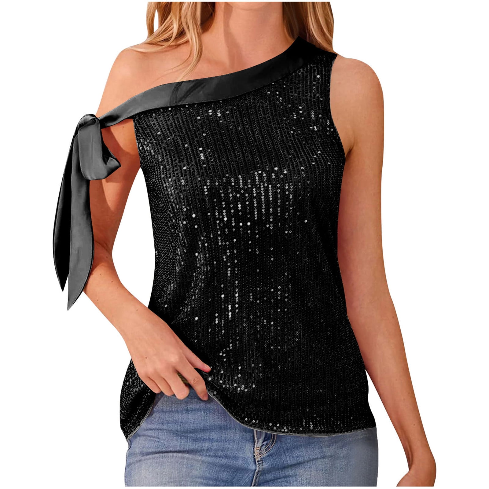 Dealovy Sequin Tank Tops for Women Strap Sloping Shoulder Tunic Tops ...