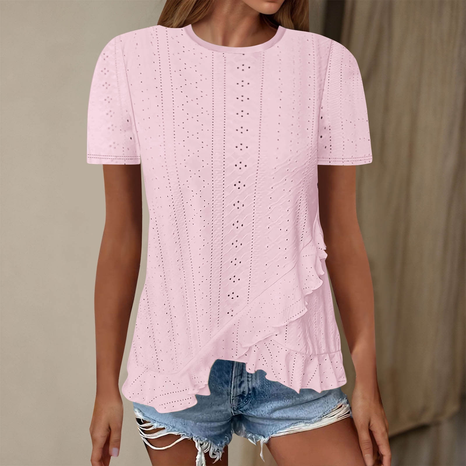 Dealovy Summer Eyelet Tops for Women Drop Shoulder Short Sleeve Ruffle ...