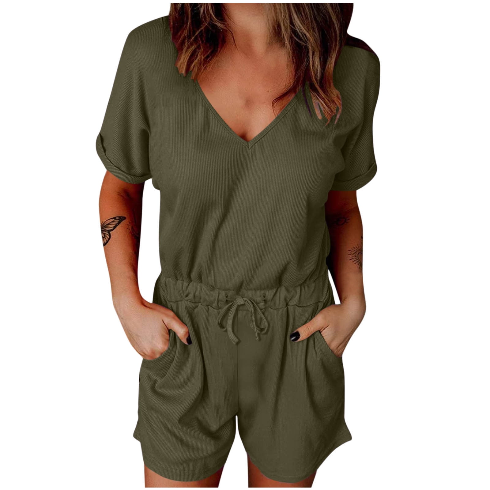 Dealovy Summer Rompers for Women Short Sleeve Jumpsuits Casual V Neck ...