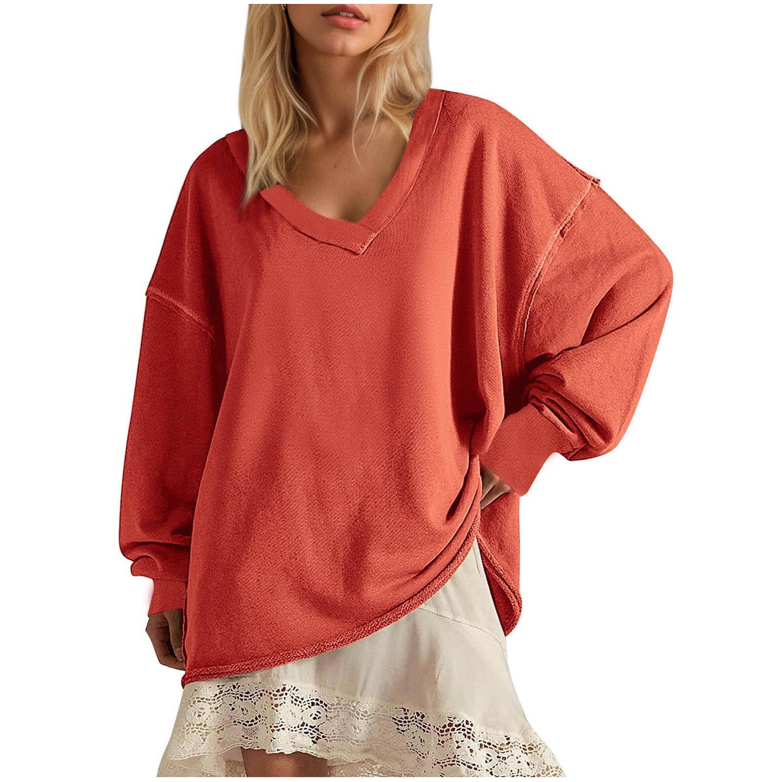 Dealovy V Neck Sweatshirts for Women Oversized Loose Long Sleeve Solid ...
