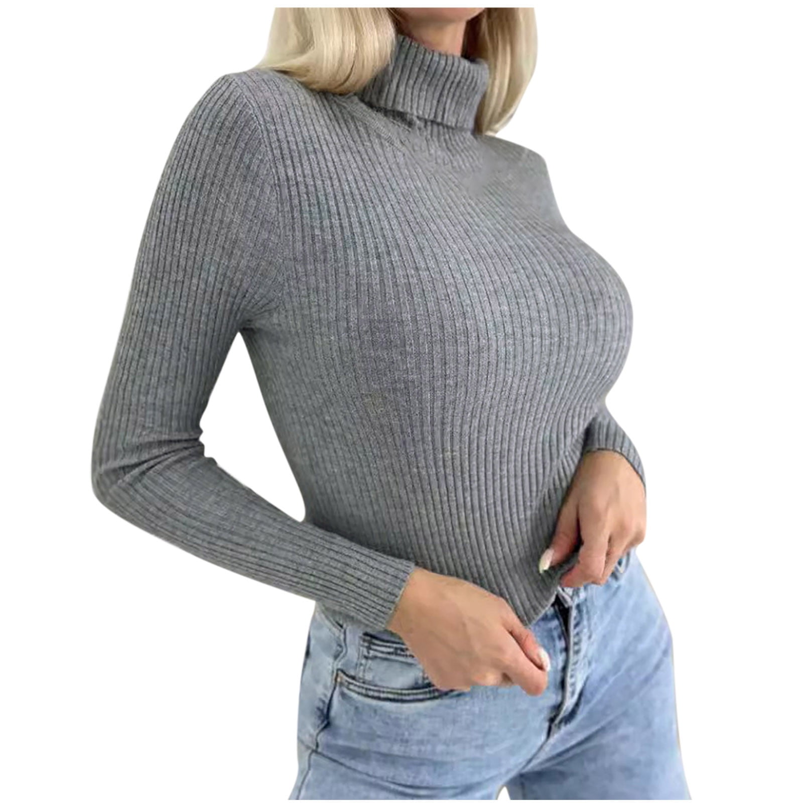 Dealovy Women's Sweaters Long Sleeve High Neck Knitted Casual Stretchy ...