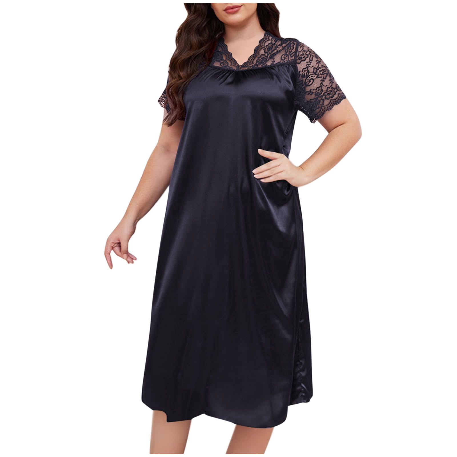 Dealovy Womens Satin Nightgowns Plus Size Lace Short Sleeve Nightshirts ...